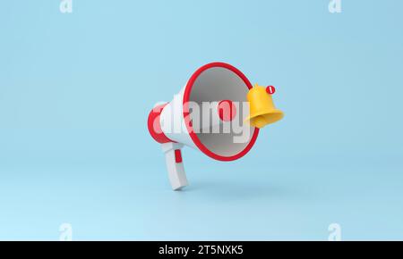 Notification bell on speech bubble with text 3d render. Cute cartoon ...