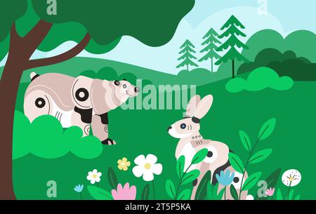 Cartoon cyborg animals. Futuristic fauna characters, robotic metal ...