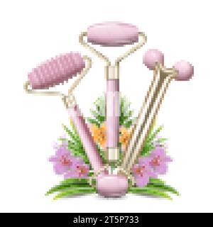 Gua Sha facial massage tools. Pink quartz roller, scraper and face oil ...