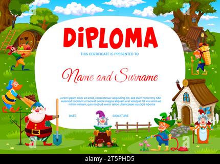 Kids diploma with cartoon fairytale funny gnomes. Vector education ...