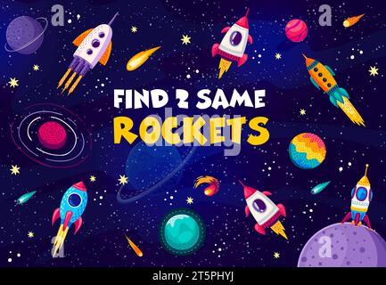 Find two same space planets, astronauts and aliens characters kids game ...