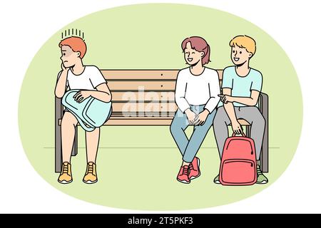 Rude children make fun of lonely boy kid. Schoolchildren bullying child ...