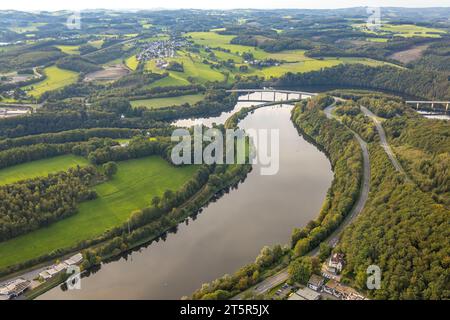 Aerial view, BiggeTalsperre Biggesee, bridge of the federal road B54 ...