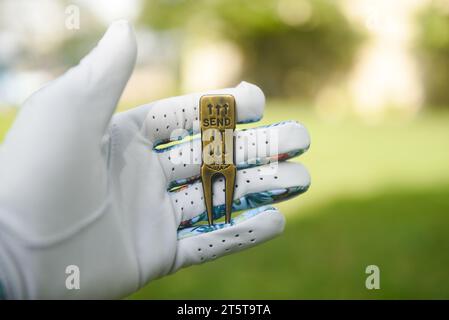 Golf divot repair tool in grass Stock Photo - Alamy