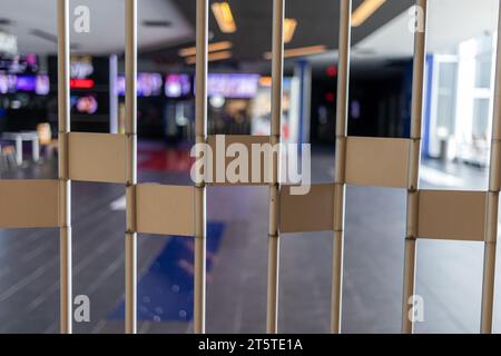 Closed movie theater lobby - empty and barricaded Stock Photo - Alamy