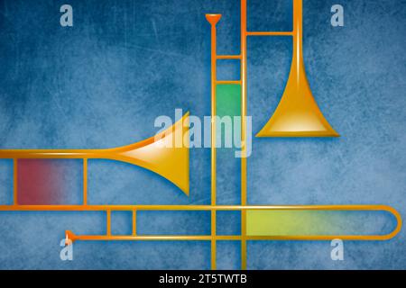 Two trombones are seen in a colorful graphic image about music and ...