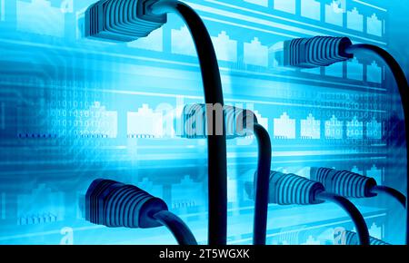 Network cables connected in network switches, abstract technology ...