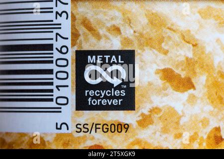 Metal recycles forever logo symbol on tub of Allinson's yeast easy bake ...