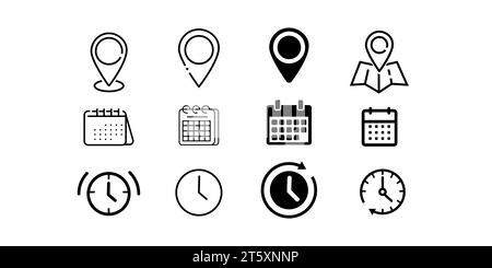 Time, date and address icons. Vector illustration isolated on transparent background Stock ...