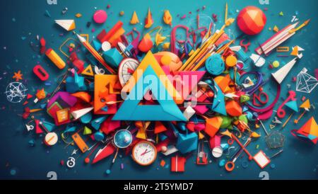 This digital illustration captures an explosion of colorful objects and ...