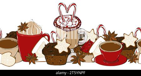 hand drawn seamless horizontal border with watercolor Christmas gnomes ...