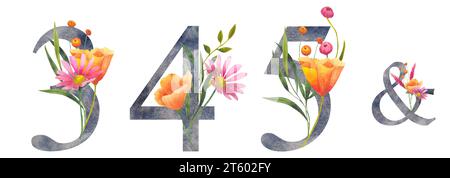 Wildflowers Number Four Blossom Alphabet Design. Watercolor Floral ...