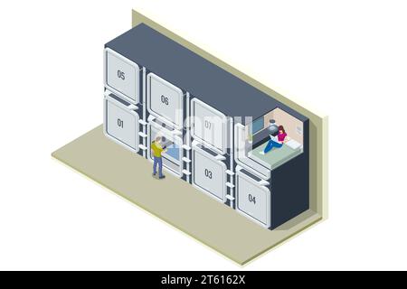 Isometric Sleeping Space Capsule Homes. Sleeping People in Smart ...