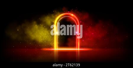 Neon effect arched door frame with luminous steam. Red and yellow ...