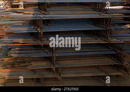 Steel components are stacked together in the construction site Stock ...