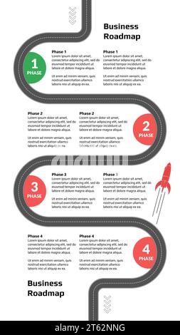 Vertical roadmap with winding road with milestones and rocket on white ...