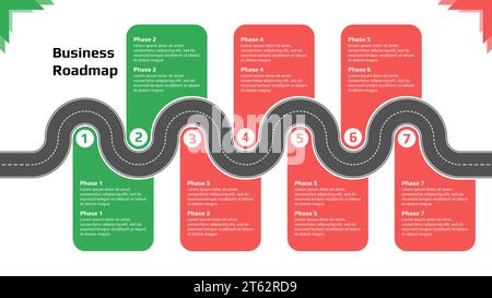 Roadmap with red winding road and green completed milestones on gray ...