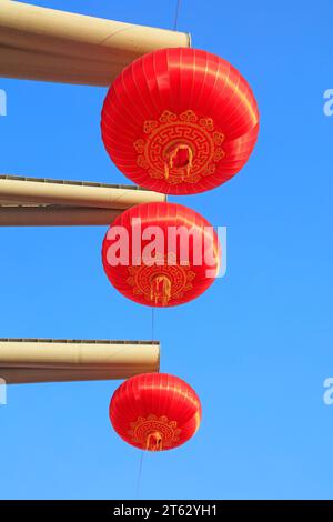 Red lanterns on steel beams Stock Photo - Alamy