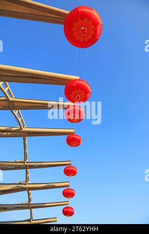 Red lanterns on steel beams Stock Photo - Alamy