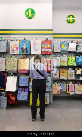 Dollarama store Canada, interior. People shopping inside a low cost ...