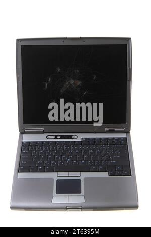 Old broken laptop isolated on white a background Stock Photo - Alamy