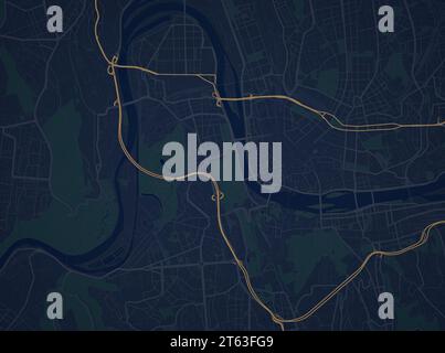 Illustrative map of a fictional city in dark tones. Abstract city map ...