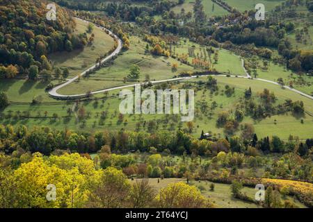 View from Hohenneuffen Castle to Beuren near Neuffen in the Swabian Alb ...