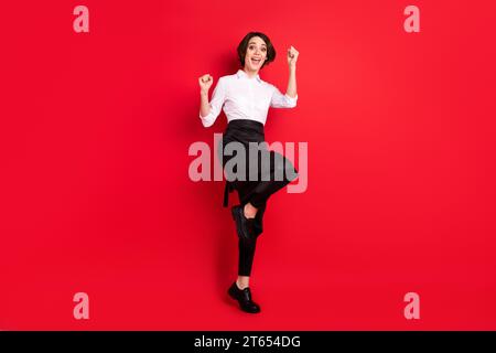 Photo of hooray young brunette lady work laptop wear striped t-shirt ...