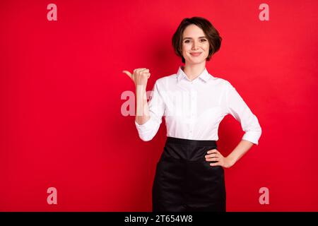 Photo of optimistic brunette lady finger mouth wear pink shirt isolated ...