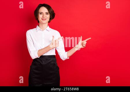 Photo of optimistic brunette lady finger mouth wear pink shirt isolated ...