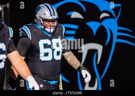 Carolina Panthers guard Cade Mays (68) lines up on the sidelines before ...