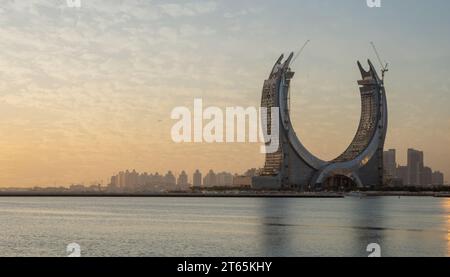 doha, qatar- july 02,2022 :lusail crescent tower under construction ...