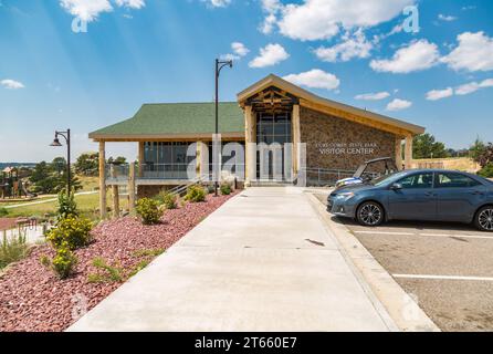 Post and beam visitor center building at Curt Gowdy State Park located ...
