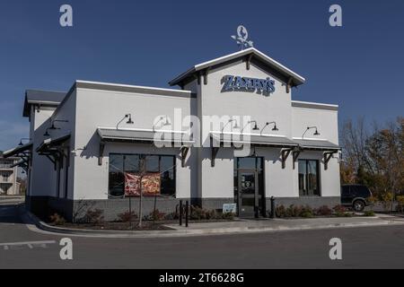 Avon - November 5, 2023: Zaxby's Chicken restaurant drive thru. Zaxby's has over 900 locations ...