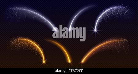 Yellow and white shooting star trails on transparent background. Vector ...