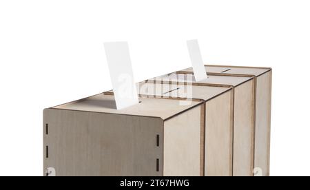 Wooden ballot boxes with votes isolated on white Stock Photo - Alamy