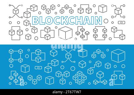 2 blockchain concept banners or backgrounds in thin line style. Block ...