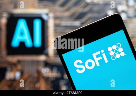 The SoFi bank logo is seen on a mobile device screen in this ...