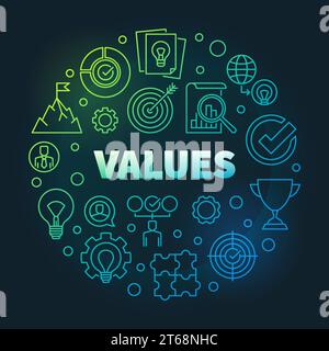 Business Values vector round colored linear illustration on dark red ...