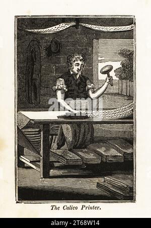 Calico-printer printing fabric with a woodblock in an atelier. Pattern ...