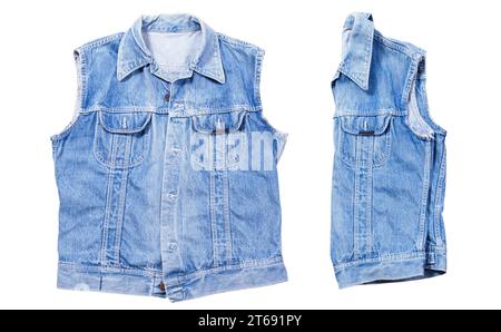 Denim vest set, set of denim vest, jeans vest front back view. Folded ...