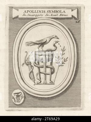 Symbols of the Greek god Apollo: raven standing on a quiver, bow and ...