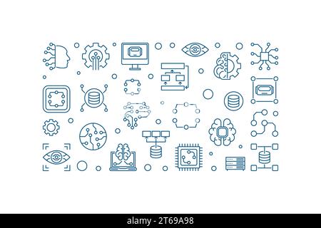 Machine Learning outline horizontal minimal banner. Vector ML concept ...