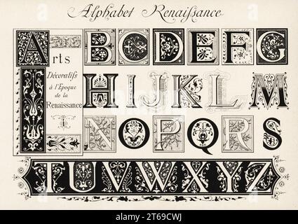 Alphabet of decorative initial letters from I to N, with filigree and ...