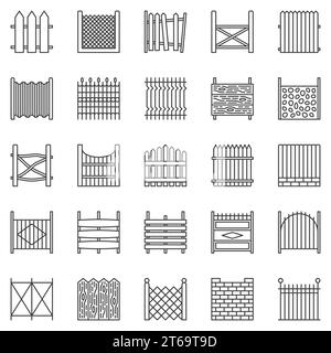 Picket fence icons. Wooden fence symbols. Simple barrier illustrations ...