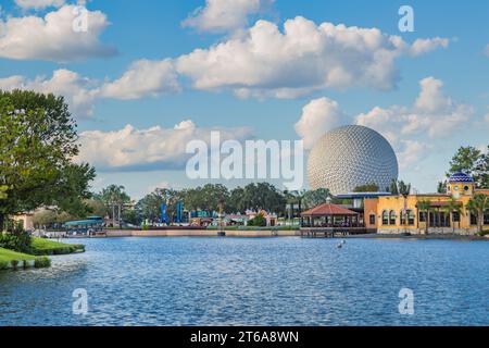 Spaceship Earth geodesic sphere behind the World Showcase Lagoon in ...