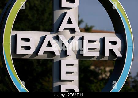 Bayer logo and Consumer Health Division sign, pharmaceutical industry ...