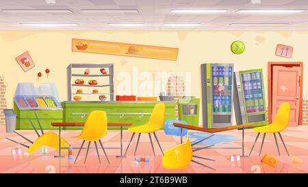 Dirty cafeteria, cafe with mess and broken furniture. School or office ...
