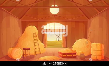 Cartoon farm stable or barn interior with haystacks or hayloft. Vector ...