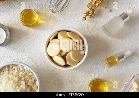 Cocoa butter pellets with essential oils, she butter and beeswax for ...